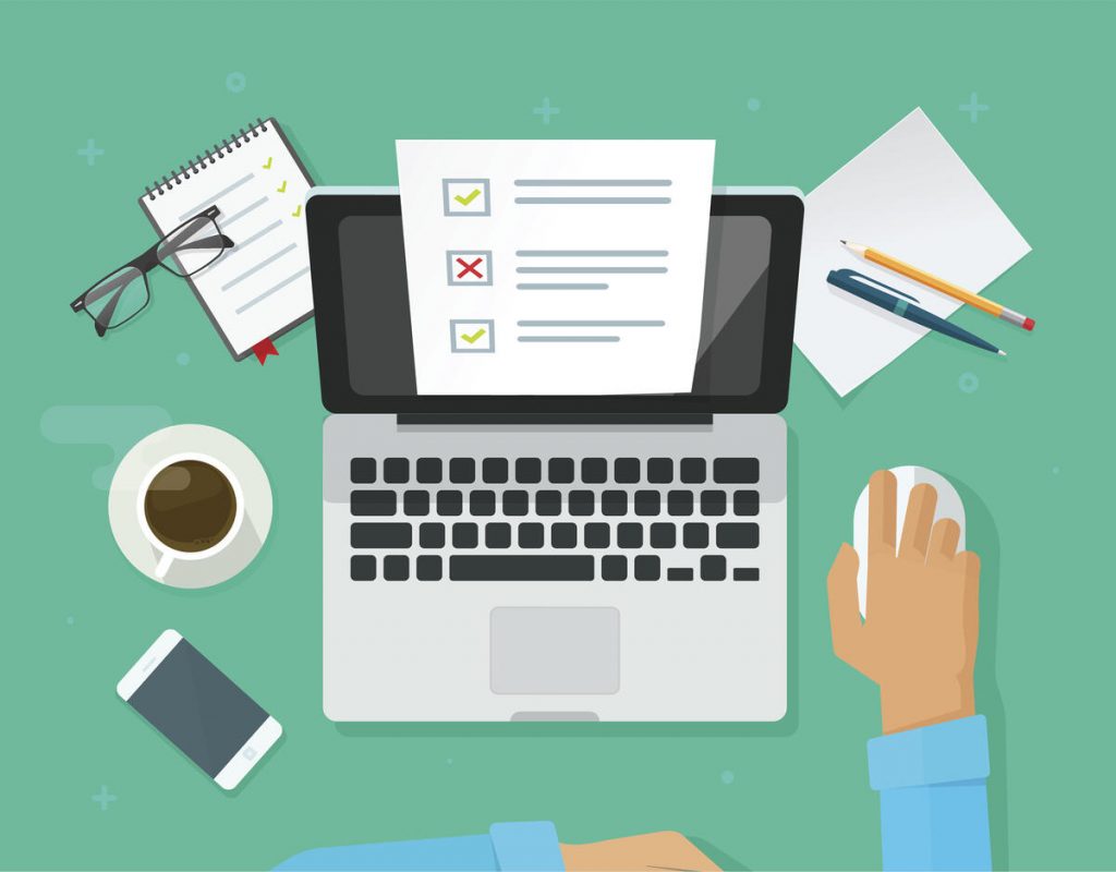 Online form survey on laptop vector, person working on computer showing ...